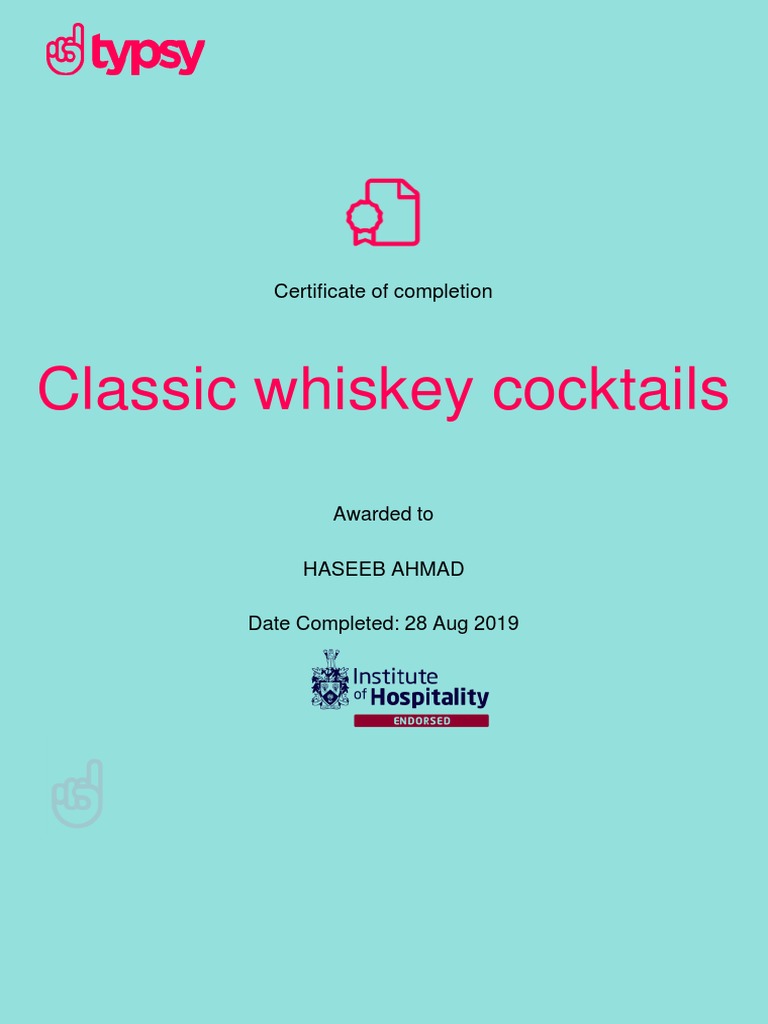 Classic Whiskey Cocktails: Certificate of Completion | PDF