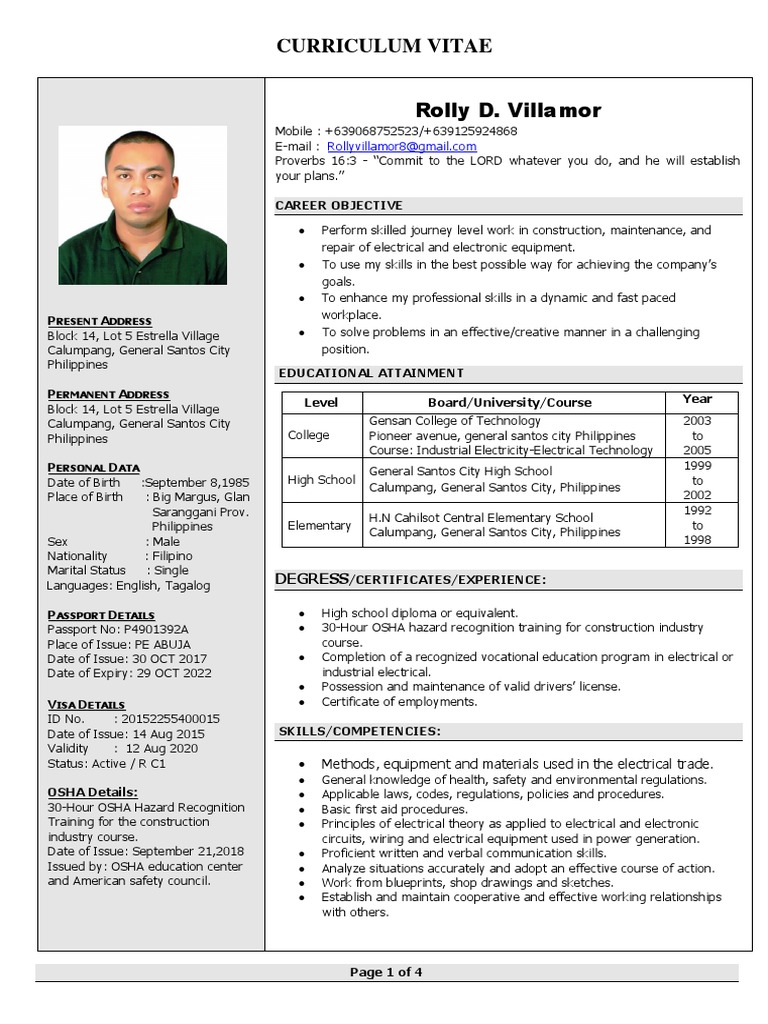 CV Electrician | PDF | Electrical Wiring | Occupational Safety And ...