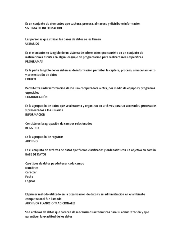 Cuestionario Base de Datos | PDF | Tabla (base de datos) | Bases de datos