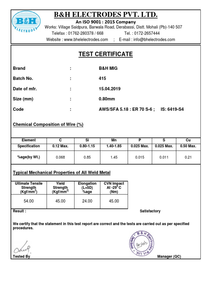 B&H MIG Welding Wire Test Certificate | PDF