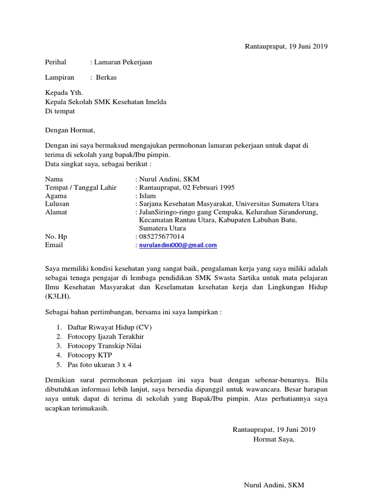 Surat Lamaran Kerja Nurul Andini | PDF