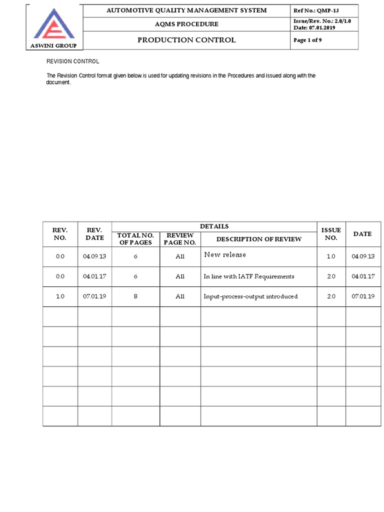 QMP-13 Production Control | PDF | Process Control | Quality Management ...