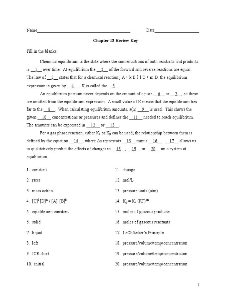 Chapter 13 Review Key | PDF | Analysis | Chemistry