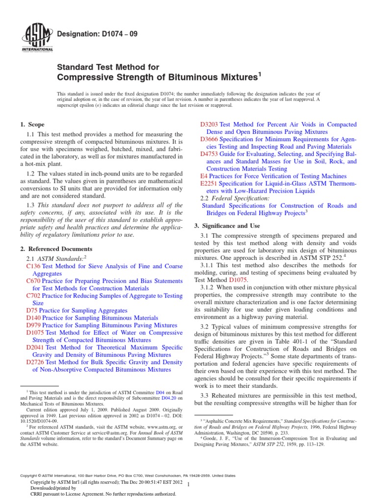 Compressive Strength of Bituminous Mixtures: Standard Test Method For ...
