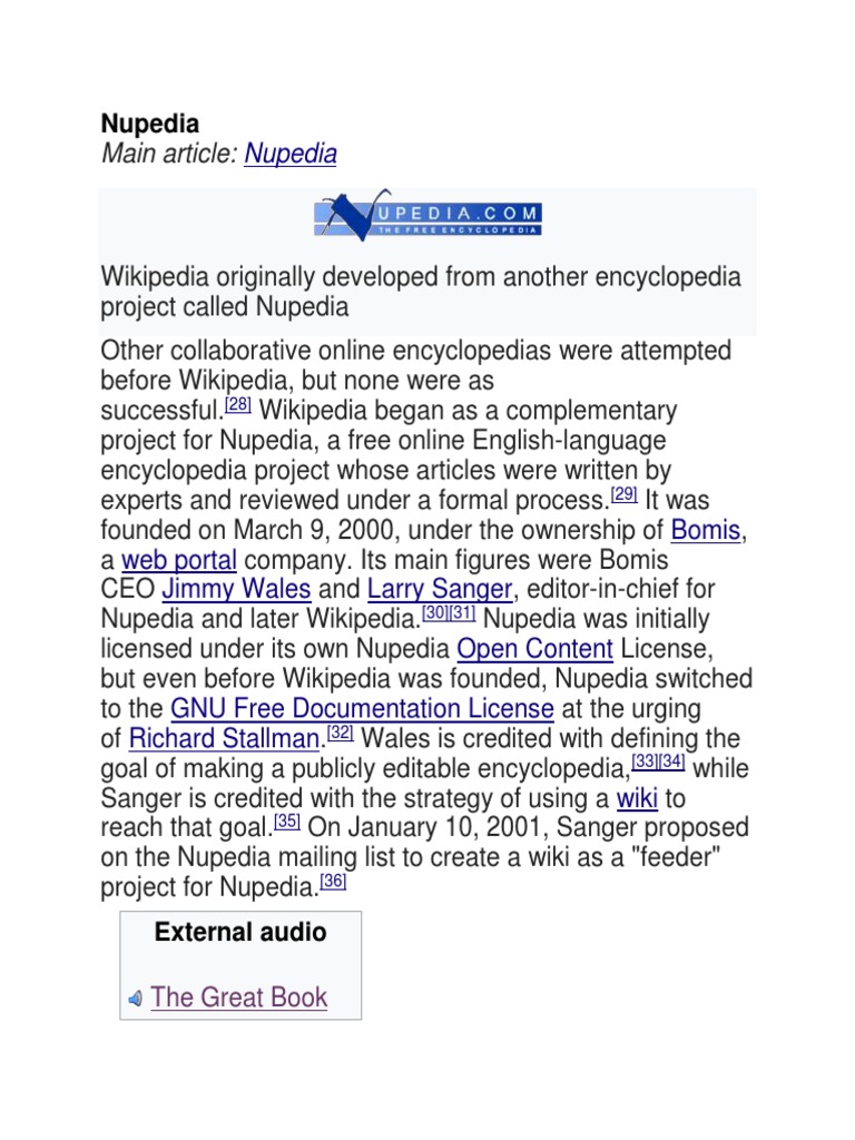 Main Article:: Nupedia | PDF | Wikipedia | Websites