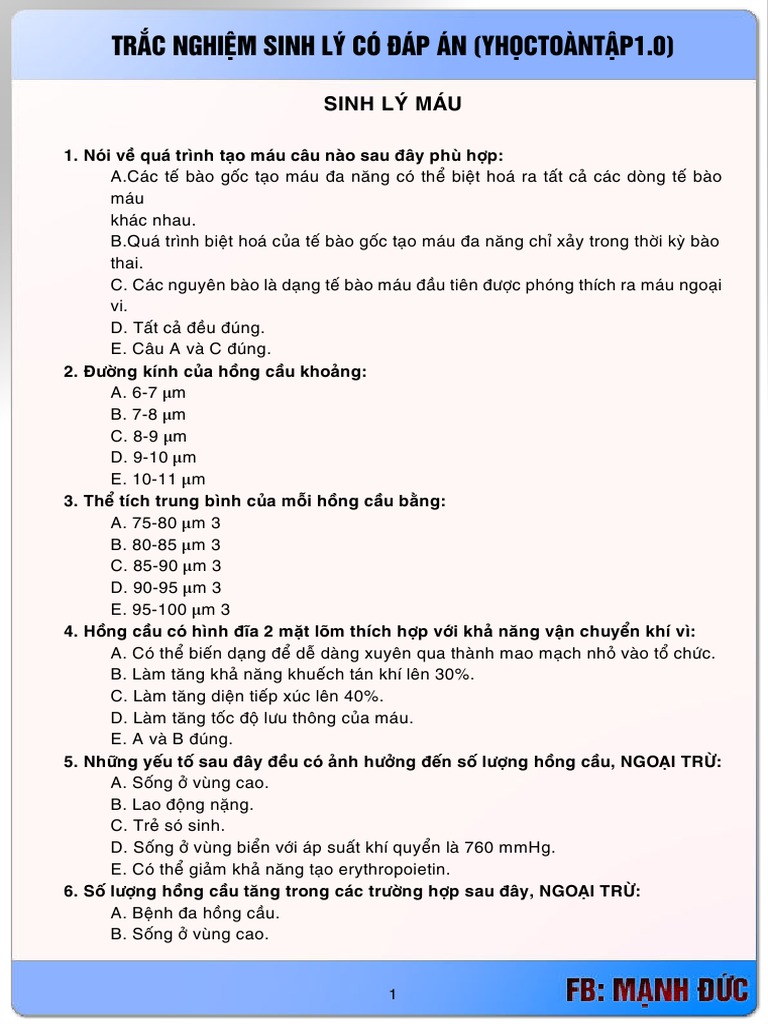 TN Sinh Lý Có Đáp Án - 2 | PDF