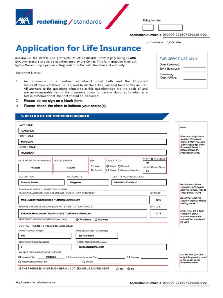 Application For Life Insurance: 1. Details of The Proposed Insured ...