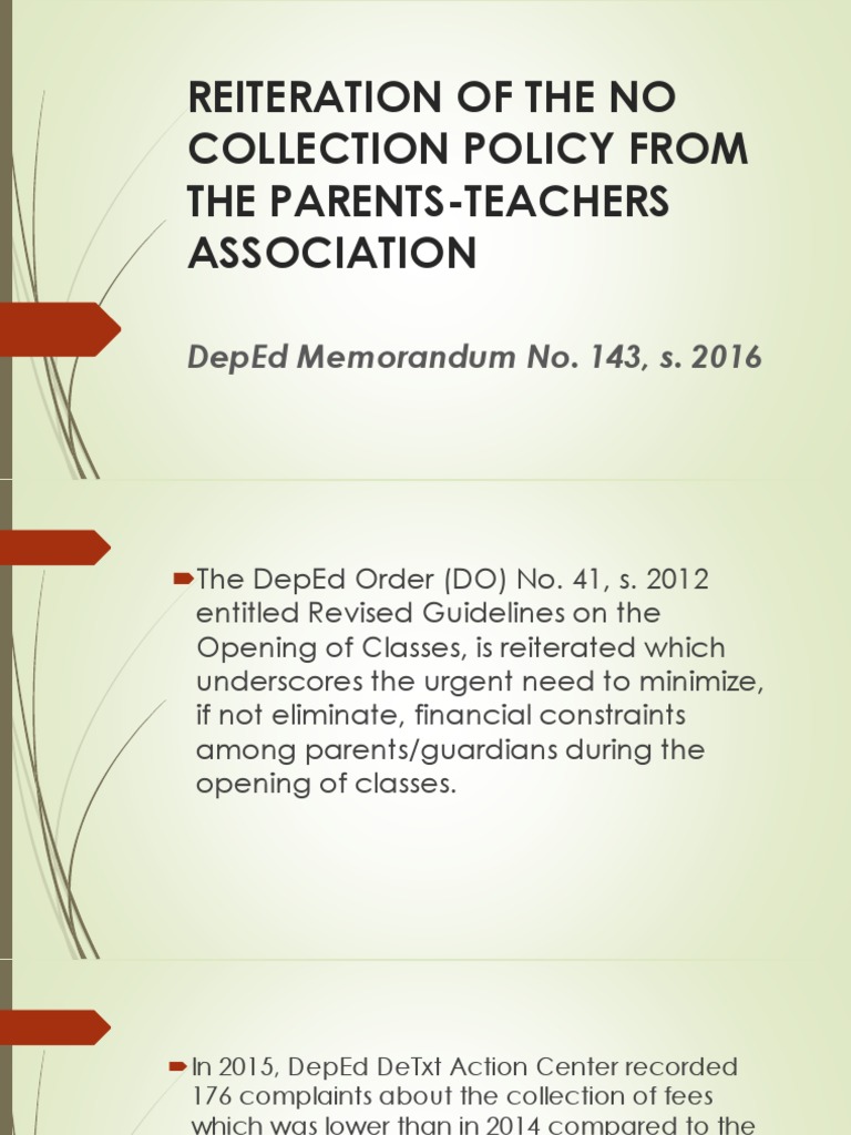 Reiteration of The No Collection Policy From The Parents-Teachers ...