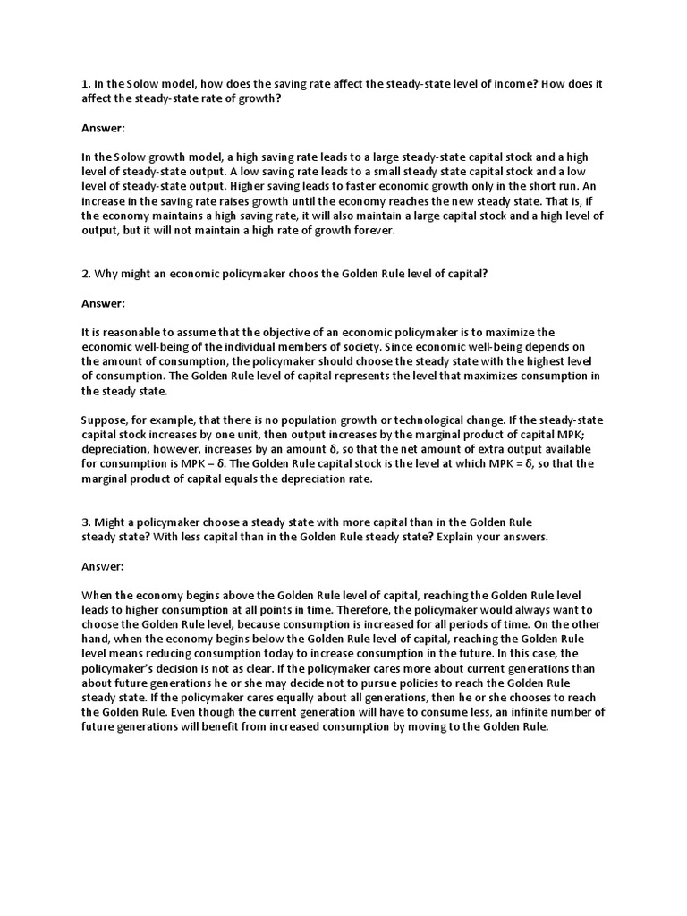 Solow Model, Golden Rule Q&A | PDF | Economic Growth | Saving