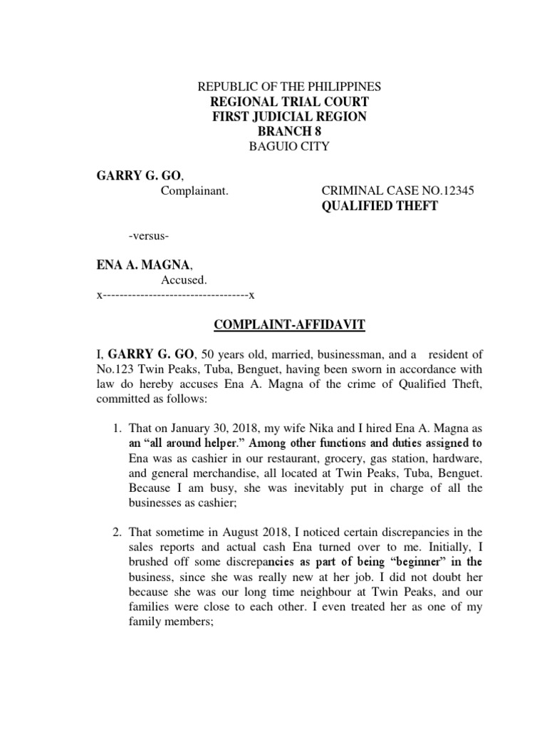 Complaint Qualified Theft | PDF | Common Law | Government