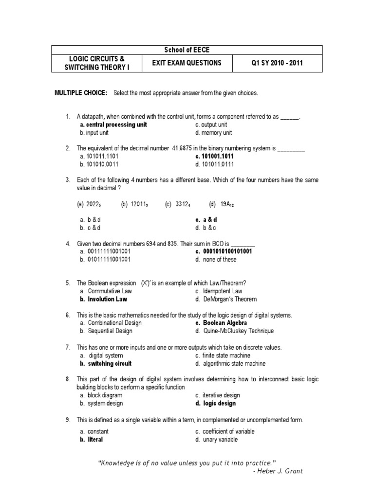 Exit Exam Questions Logic - Circuits - 1 q1 2010 - 2011 Answer Key ...