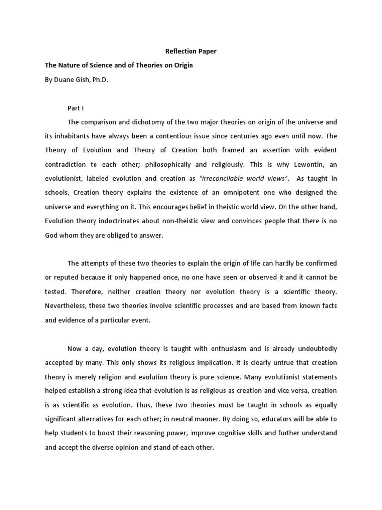 Reflection Paper-The Nature of Science and of Theories On Origin | PDF ...