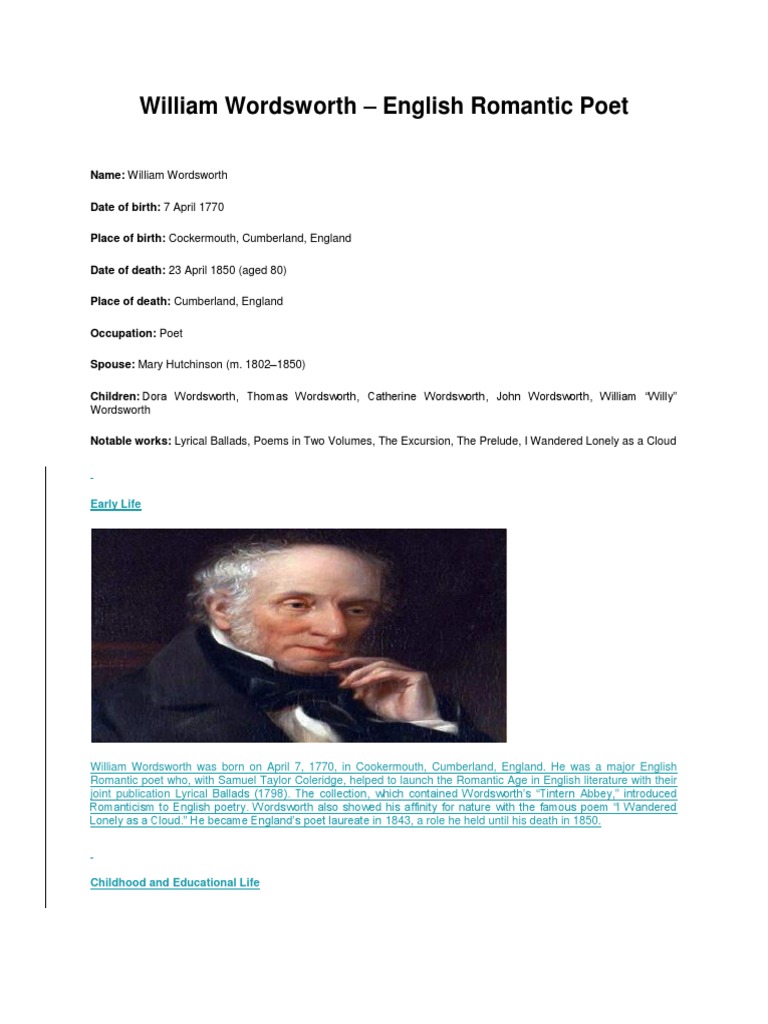 William Wordsworth - English Romantic Poet | PDF | William Wordsworth ...