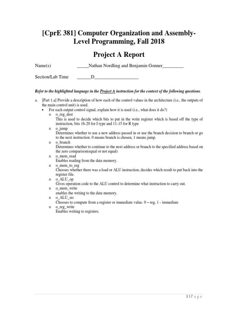 (Cpre 381) Computer Organization and Assembly-Level Programming, Fall 2018 Project A Report ...