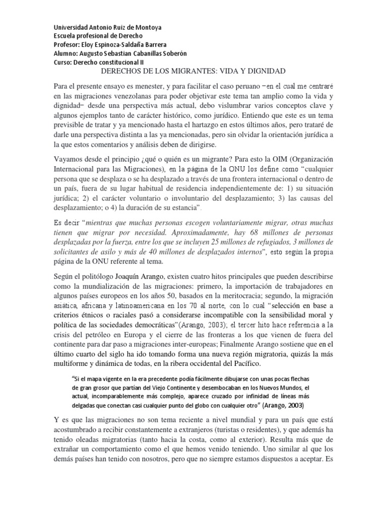 Derechos de Los Inmigrantes Vida y Dignidad Sebastian Cabanillas | PDF ...