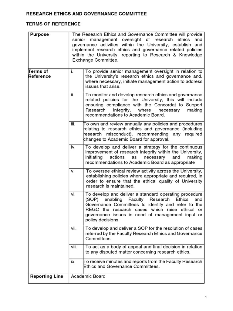 Research Ethics and Governance Committee Terms of Reference Purpose ...