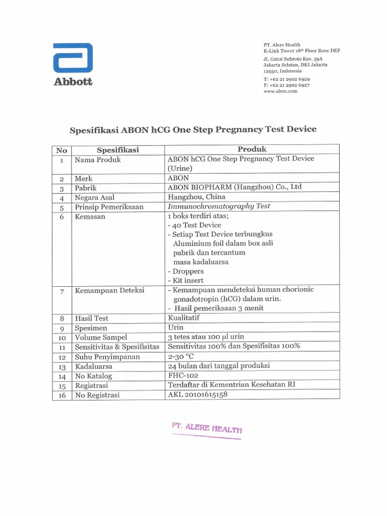 Spesifikasi ABON HCG One Step Pregnancy Test Device (Urine) | PDF