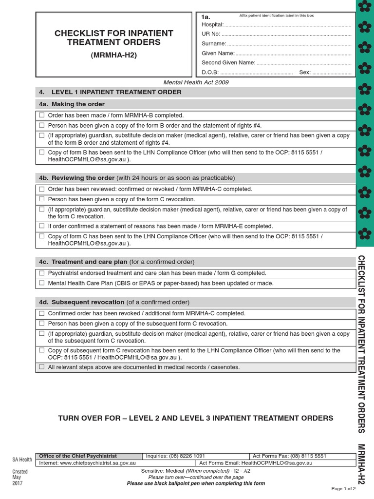 Inpatient Treatment Orders Checklist | PDF | Patient | Psychiatry