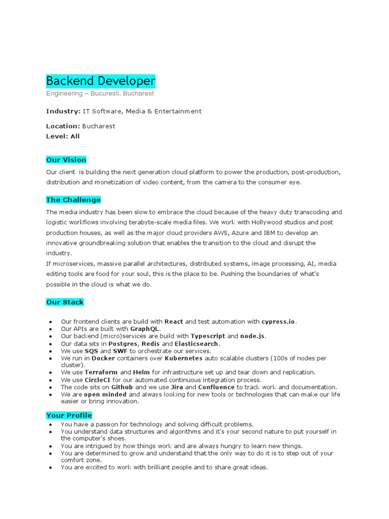 Backend Developer Engineering Bucuresti Bucharest Pdf Cloud