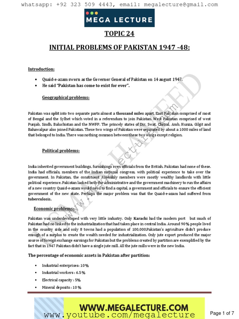 Initial Problems of Pakistan 1947 48 2 PDF | PDF | Partition Of India ...