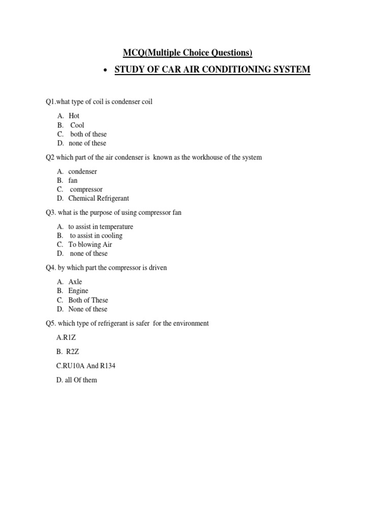 Study of Car Air Conditioning System: MCQ (Multiple Choice Questions) | PDF