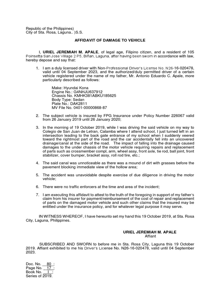 Affidavit of Damage To Motor Vehicle 2 | PDF | Transport | Vehicles