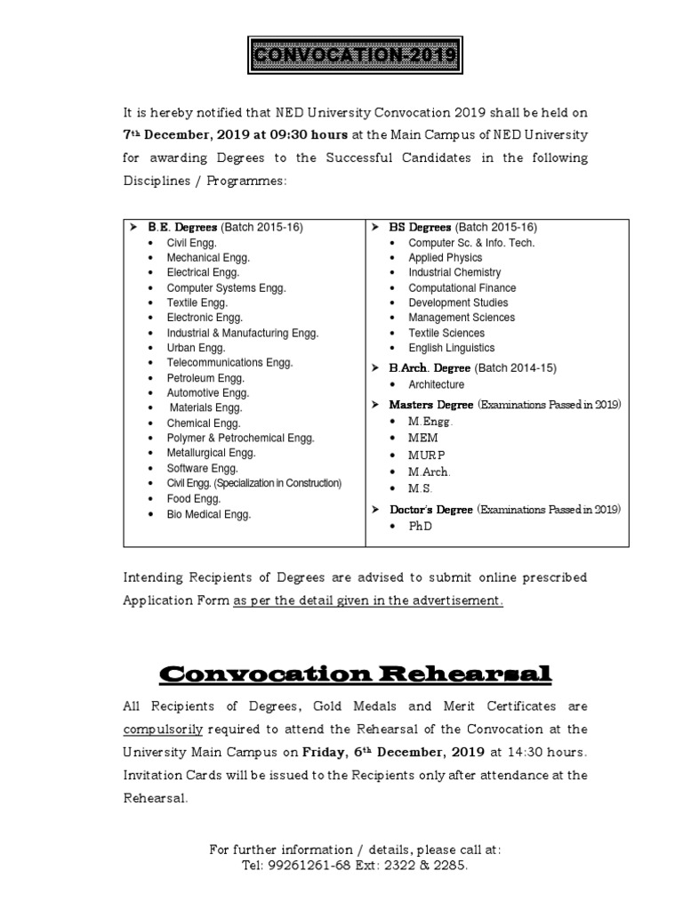 Announcement of NED University's 2019 Convocation Ceremony for Awarding ...