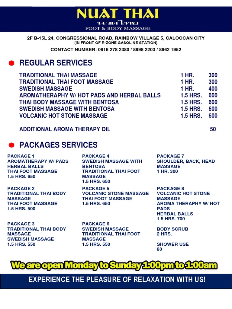 Nuat Thai Price List - UPDATED | PDF | Massage | Aromatherapy Nuat Thai Price List - UPDATED | PDF | Massage | Aromatherapy