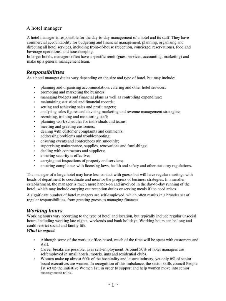 A Hotel Manager: Responsibilities | PDF | Postgraduate Education ...