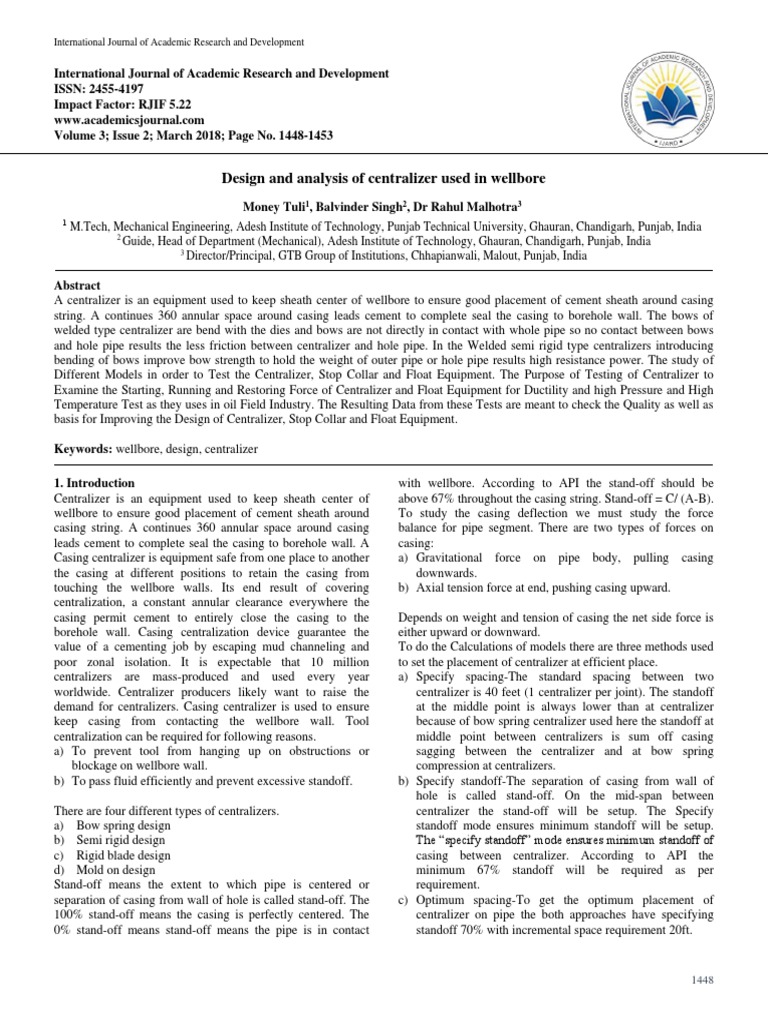Design and Analysis of Centralizer Used in Wellbore | PDF | Casing ...