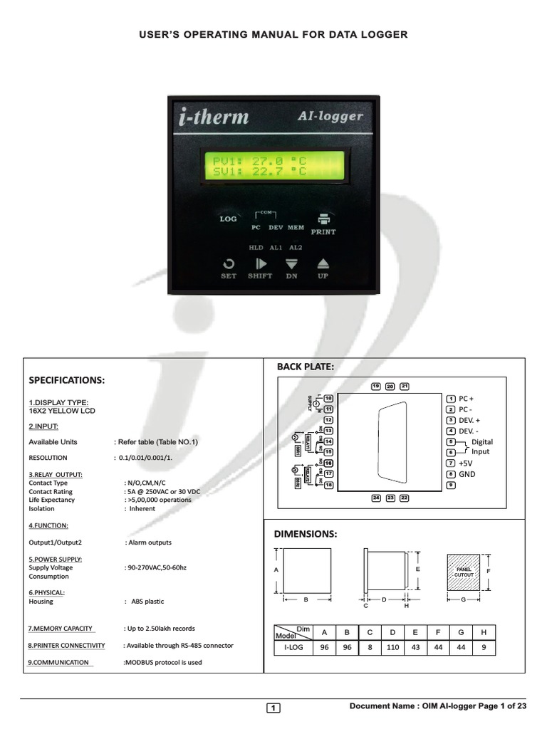 User'S Operating Manual For Data Logger: Specifications: Back Plate ...