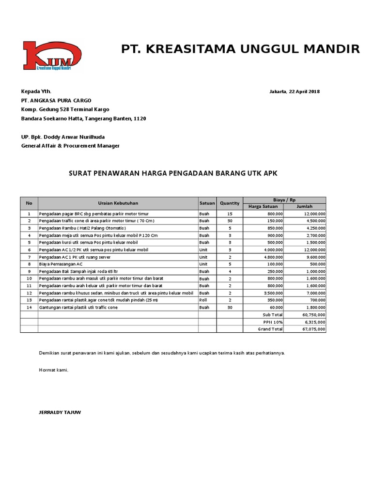Contoh Surat Penawaran Pengadaan Barang | PDF