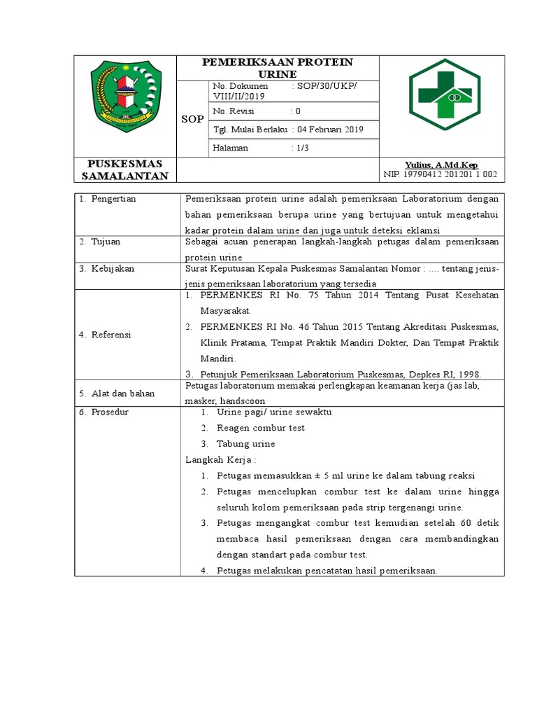SOP Pemeriksaan Protein Urine | PDF