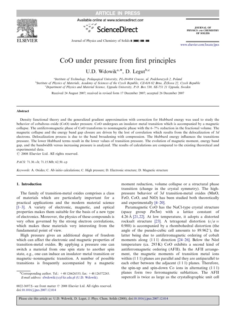 Pressure Effect On CoO | PDF | Density Functional Theory | Magnetism