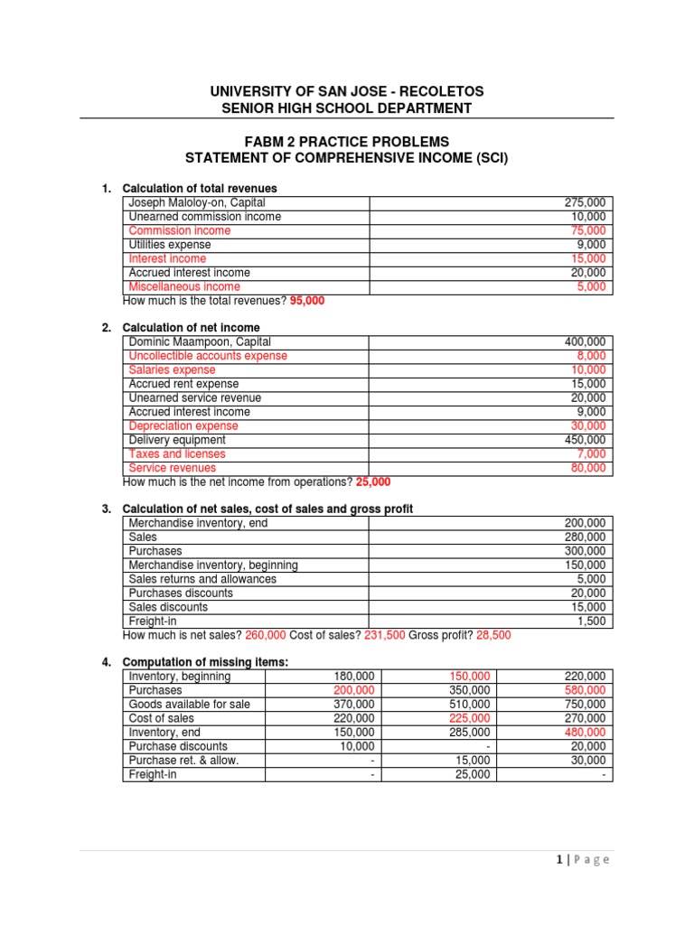 Practice Problems in Preparing Statements of Comprehensive Income for ...