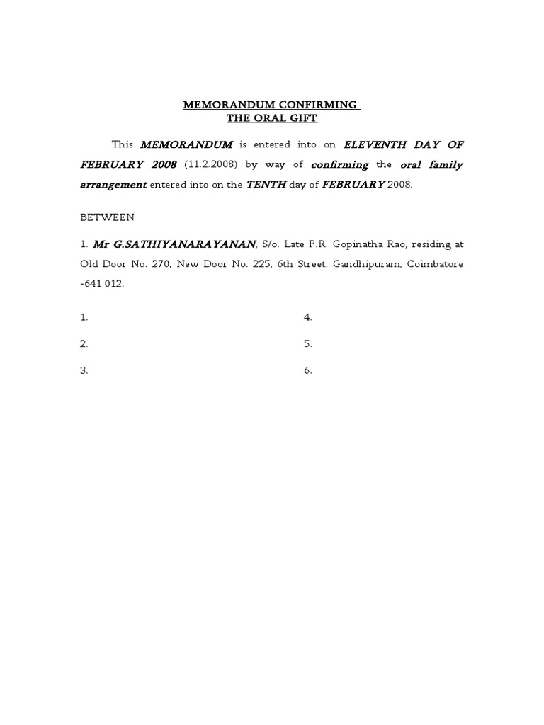 Memorandum - Oral Gift | Download Free PDF | Deed | Social Institutions