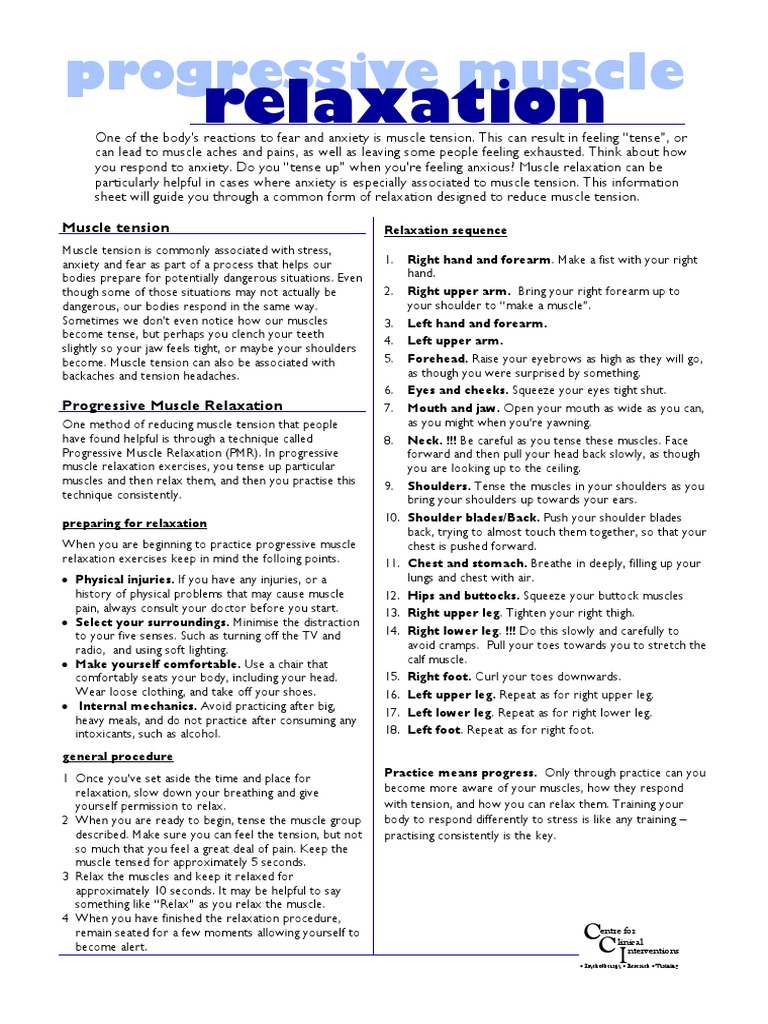 Panic Information Sheet - 05 - Progressive Muscle Relaxation PDF | PDF ...
