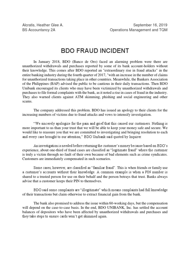 BDO Fraud Incident | PDF | Banking | Banks