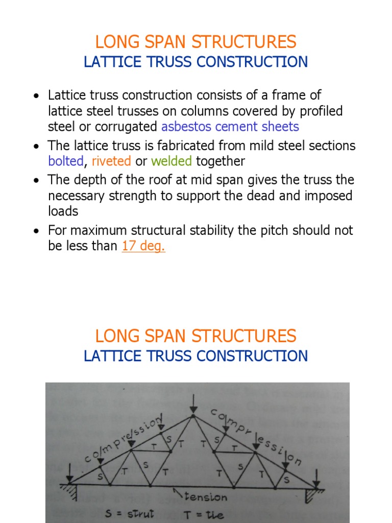 Long Span Structures: Lattice Truss Construction | PDF | Truss | Roof