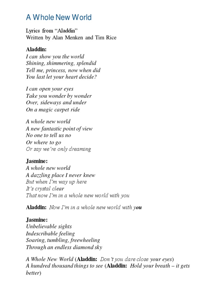 A Whole New World Aladdin Lyrics