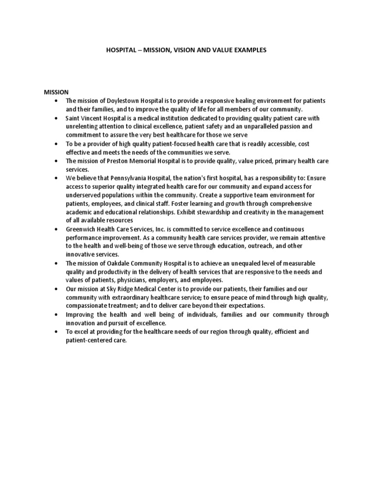 Hospital Mission Vision Values Examples | PDF | Health Care | Hospital