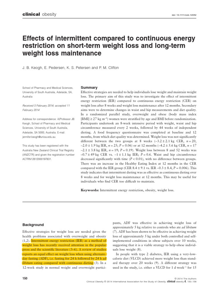 Effects of Intermittent Compared To Continuous Energy Restriction On Short-Term Weight Loss and ...