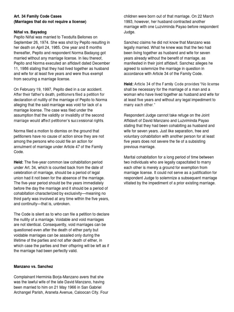 Art. 34 Family Code Cases (Marriages That Do Not Require A License ...