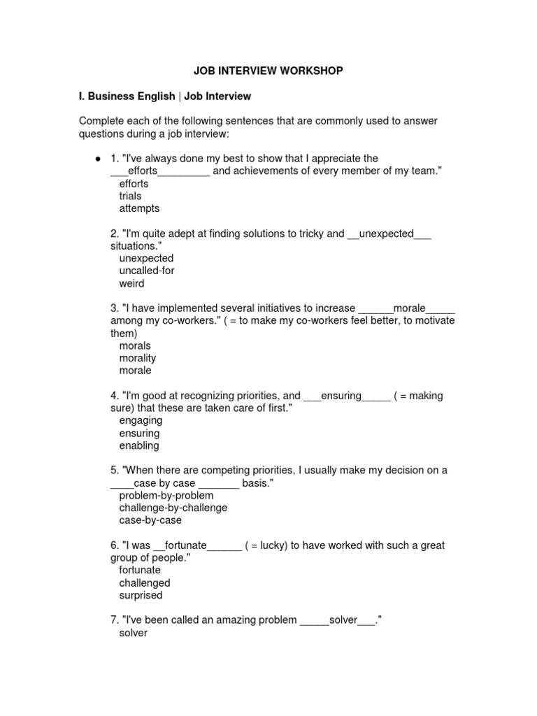 Job Interview Workshop: English Skills Guide | PDF | Job Interview ...