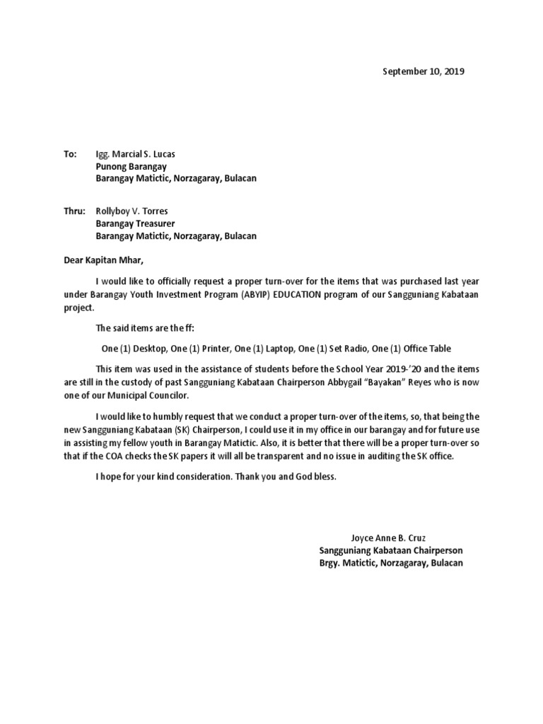 Request for Turnover of SK Items | PDF | Wellness