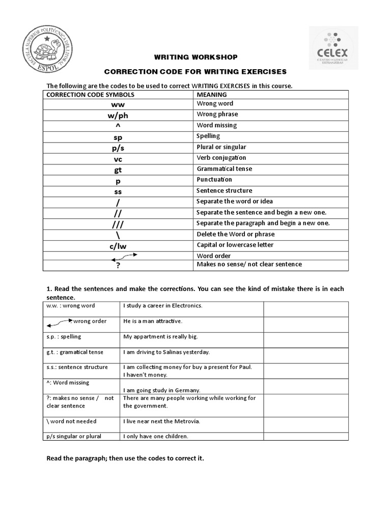 Worksheet Writing Correction Code | PDF | Sentence (Linguistics) | Word