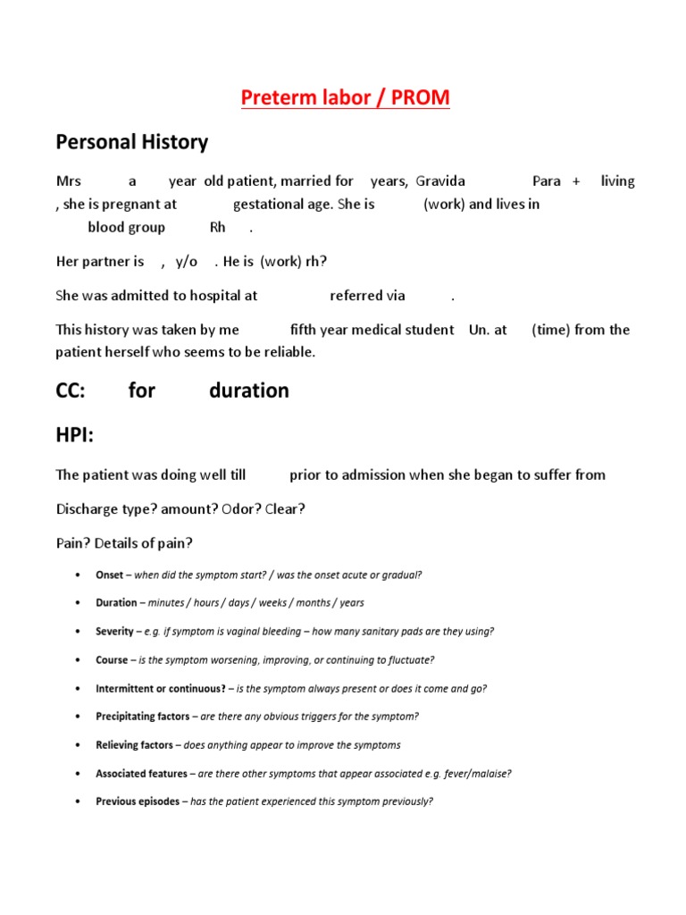 Personal History: Preterm Labor / PROM | PDF | Pregnancy | Menstruation