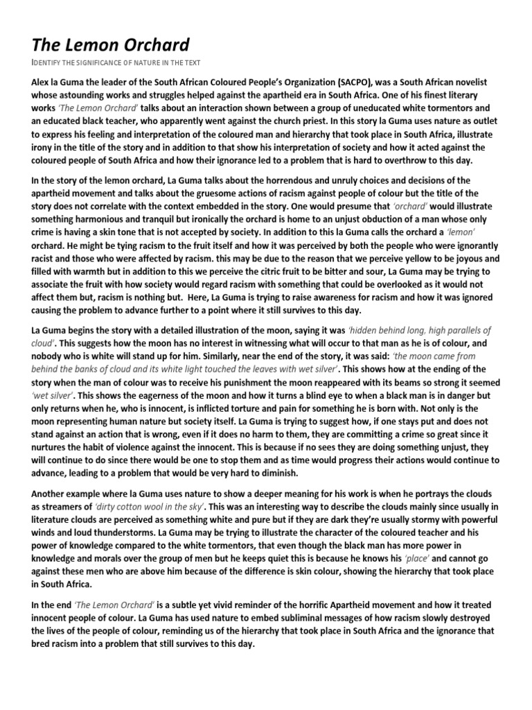The Lemon Orchard by Alex La Guma Essay | PDF | Racism | Discrimination ...