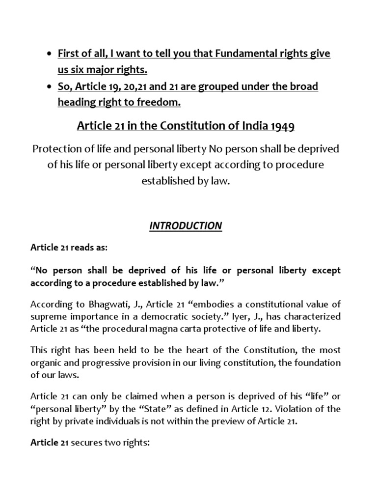 Article 21 in The Constitution of India 1949 | PDF | United States ...