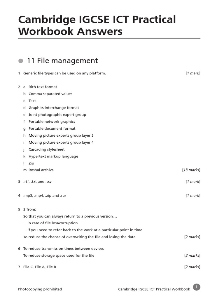 Cambridge IGCSE ICT Practical Workbook Answers: 11 File Management | PDF | Spreadsheet | File Format
